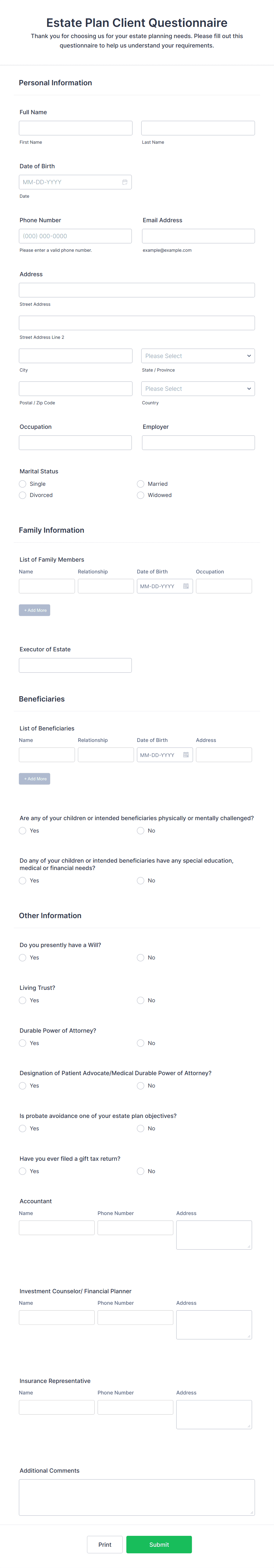 Estate Planning Client Questionnaire Form Template | Jotform