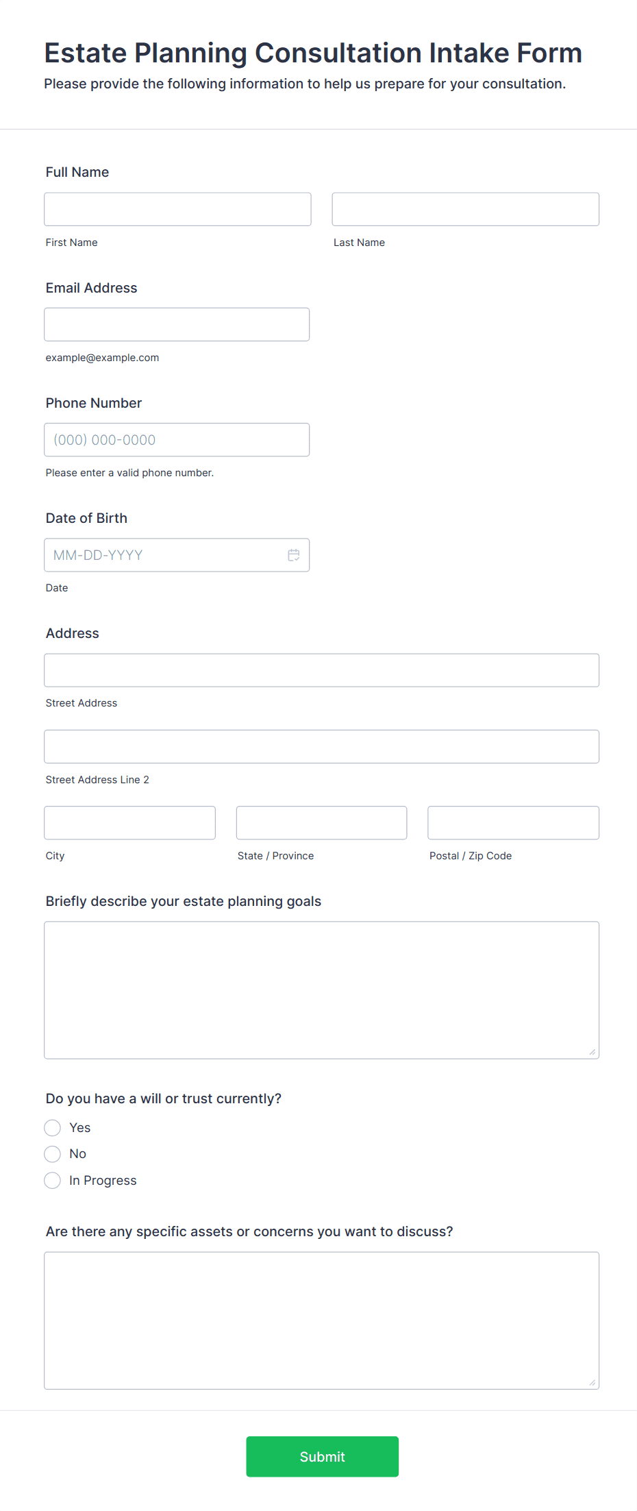 Estate Planning Consultation Intake Form Template | Jotform