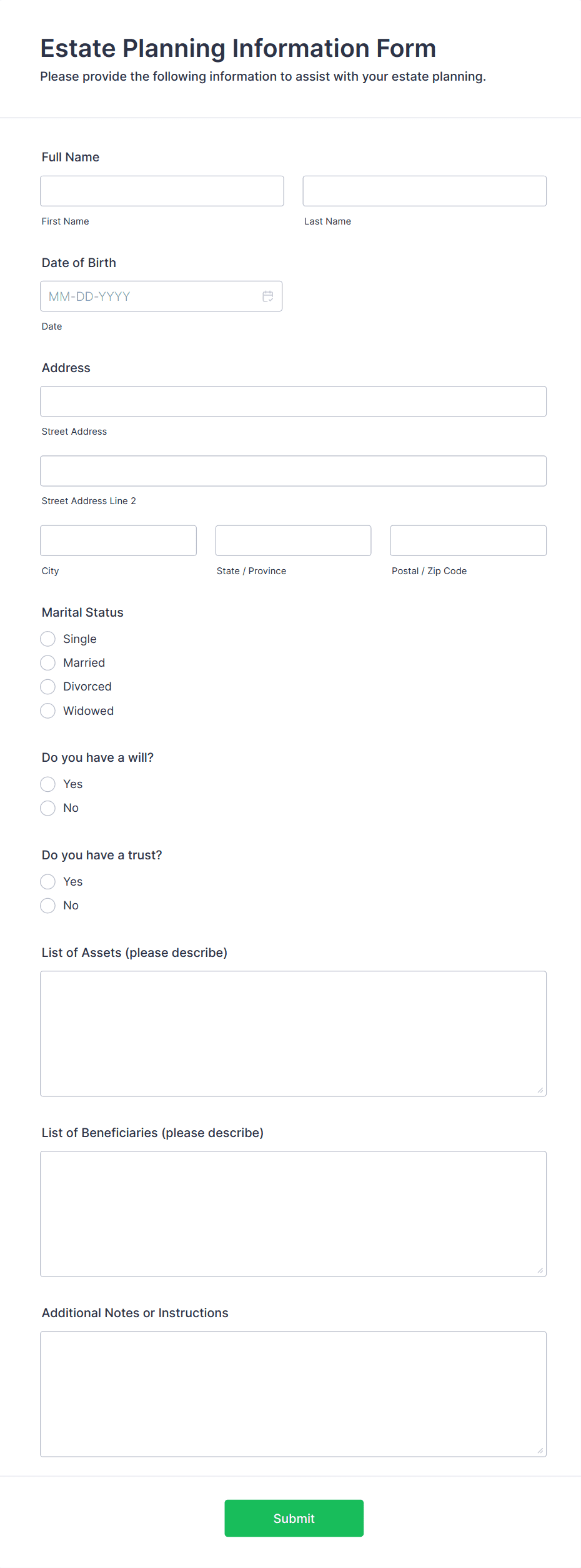 Estate Planning Information Form Template | Jotform