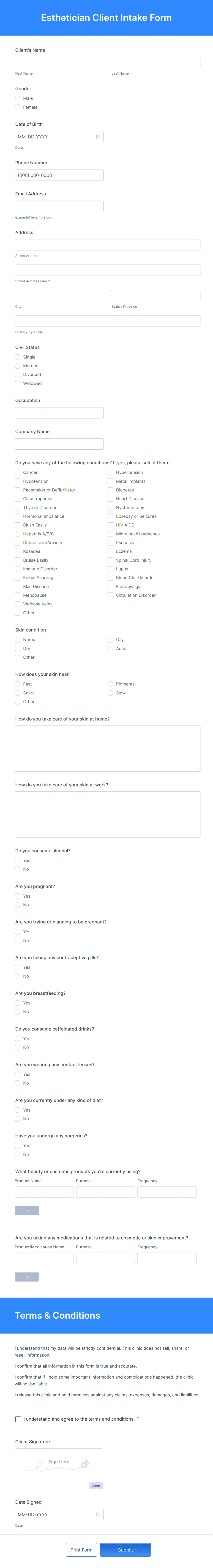 Esthetician Client Intake Form Template | Jotform