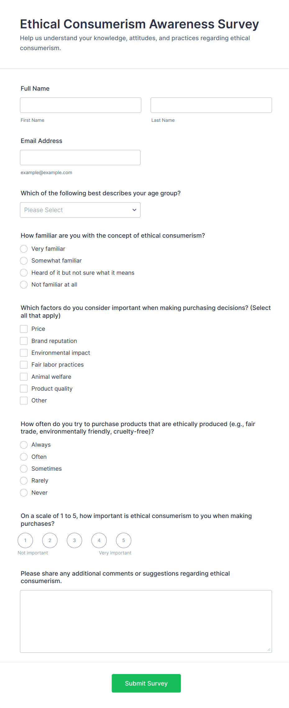 Ethical Consumerism Awareness Survey Form Template | Jotform