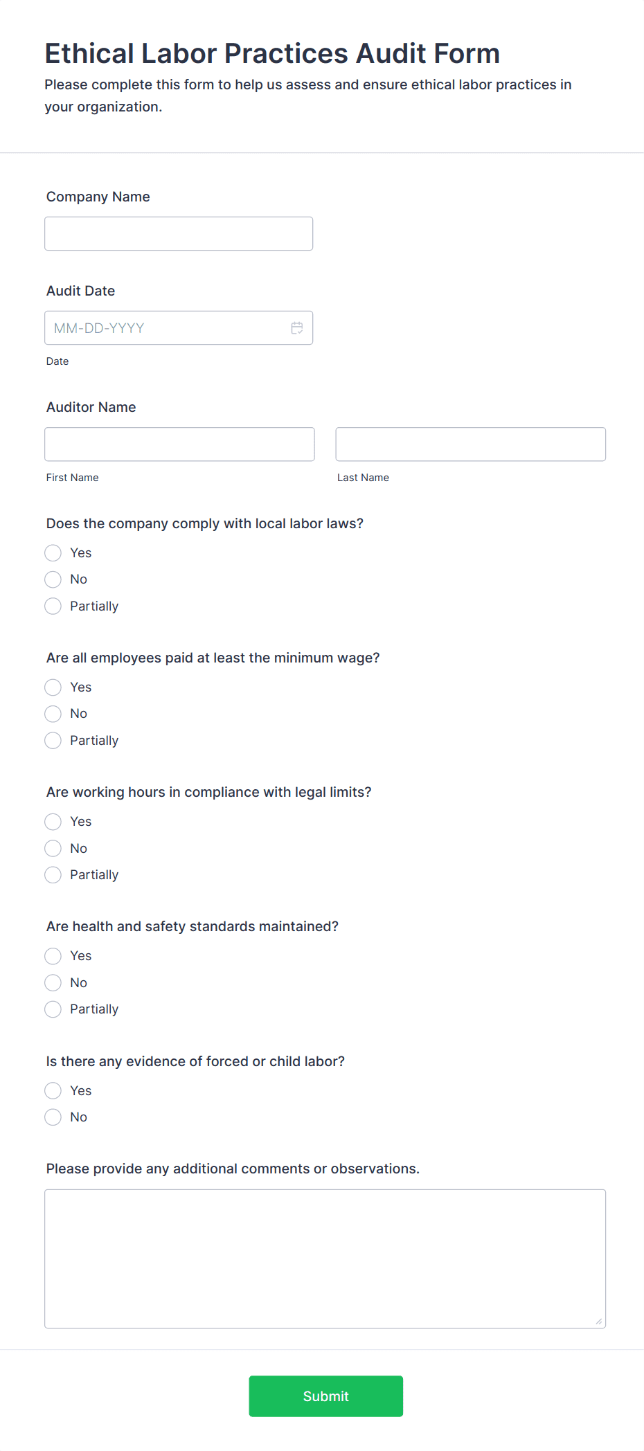 Ethical Labor Practices Audit Form Template | Jotform