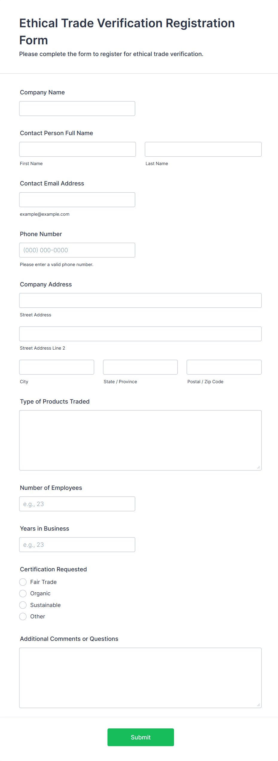 Ethical Trade Verification Registration Form Template | Jotform