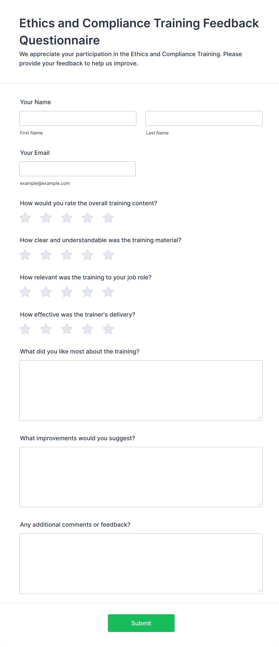 Ethics and Compliance Training Feedback Questionnaire Form Template | Jotform