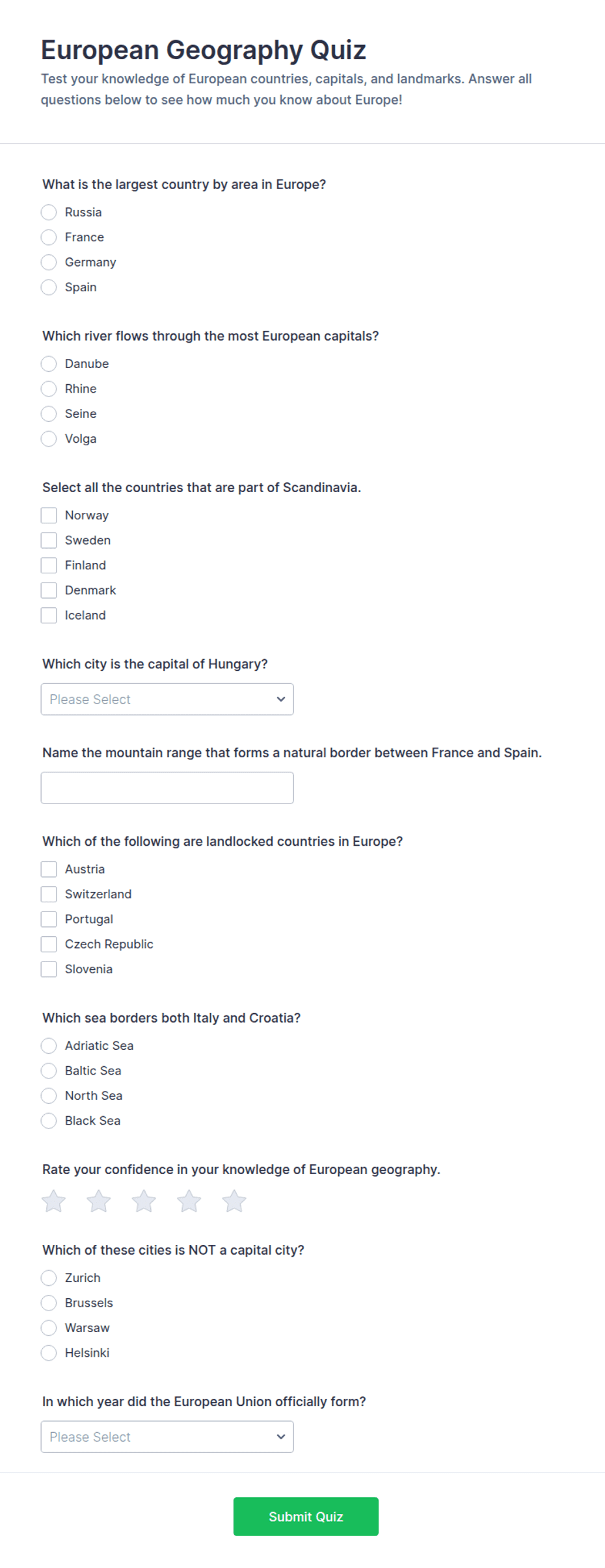 European Geography Quiz Form Template | Jotform