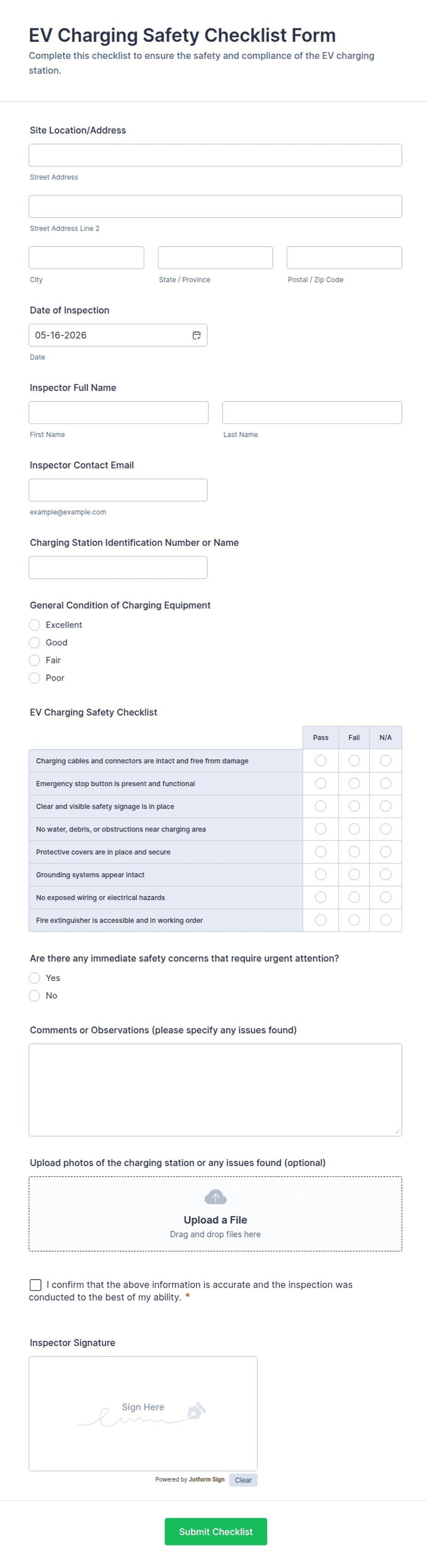 EV Charging Safety Checklist Form Template | Jotform