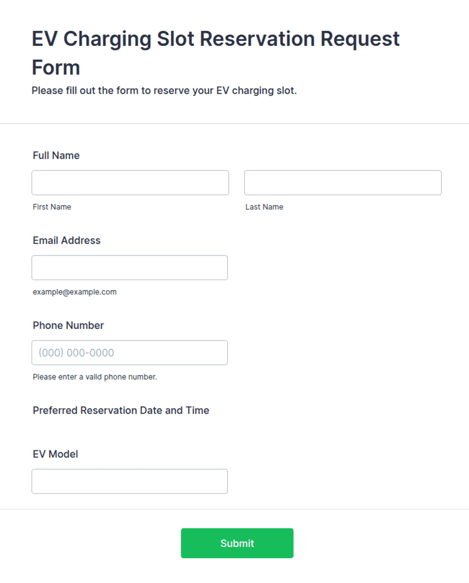 EV Charging Slot Reservation Request Form Template | Jotform