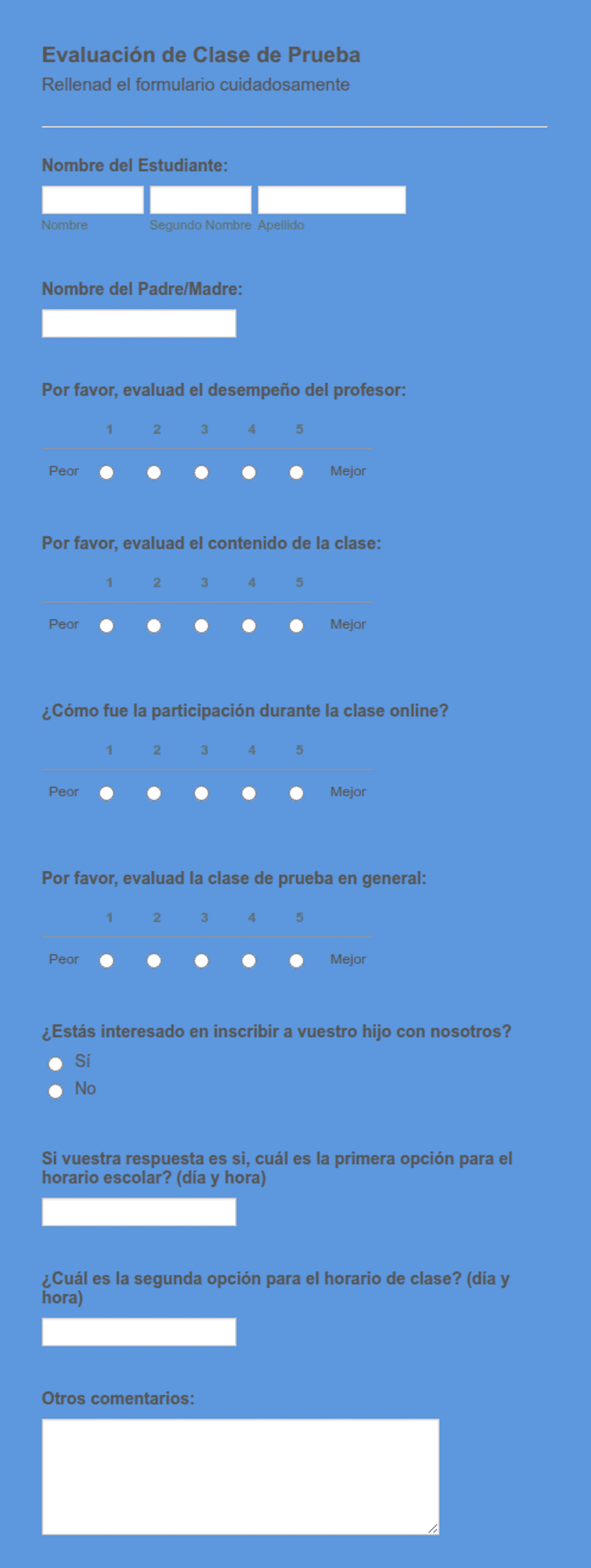 Evaluación de Clase de Prueba | Jotform