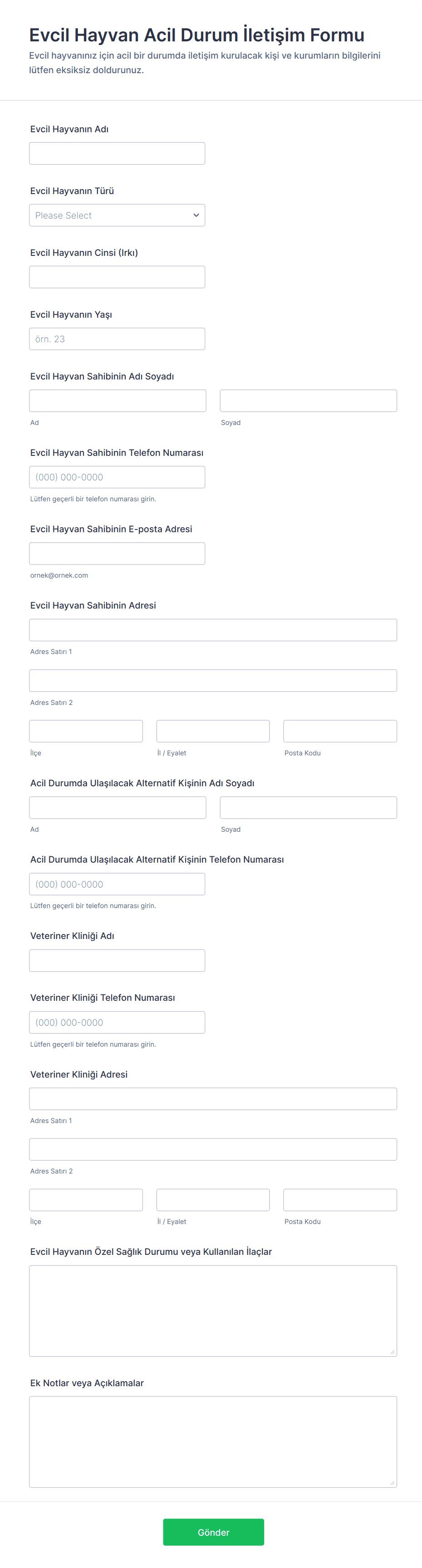 Evcil Hayvan Acil Durum İletişim Formu Form Şablonu | Jotform