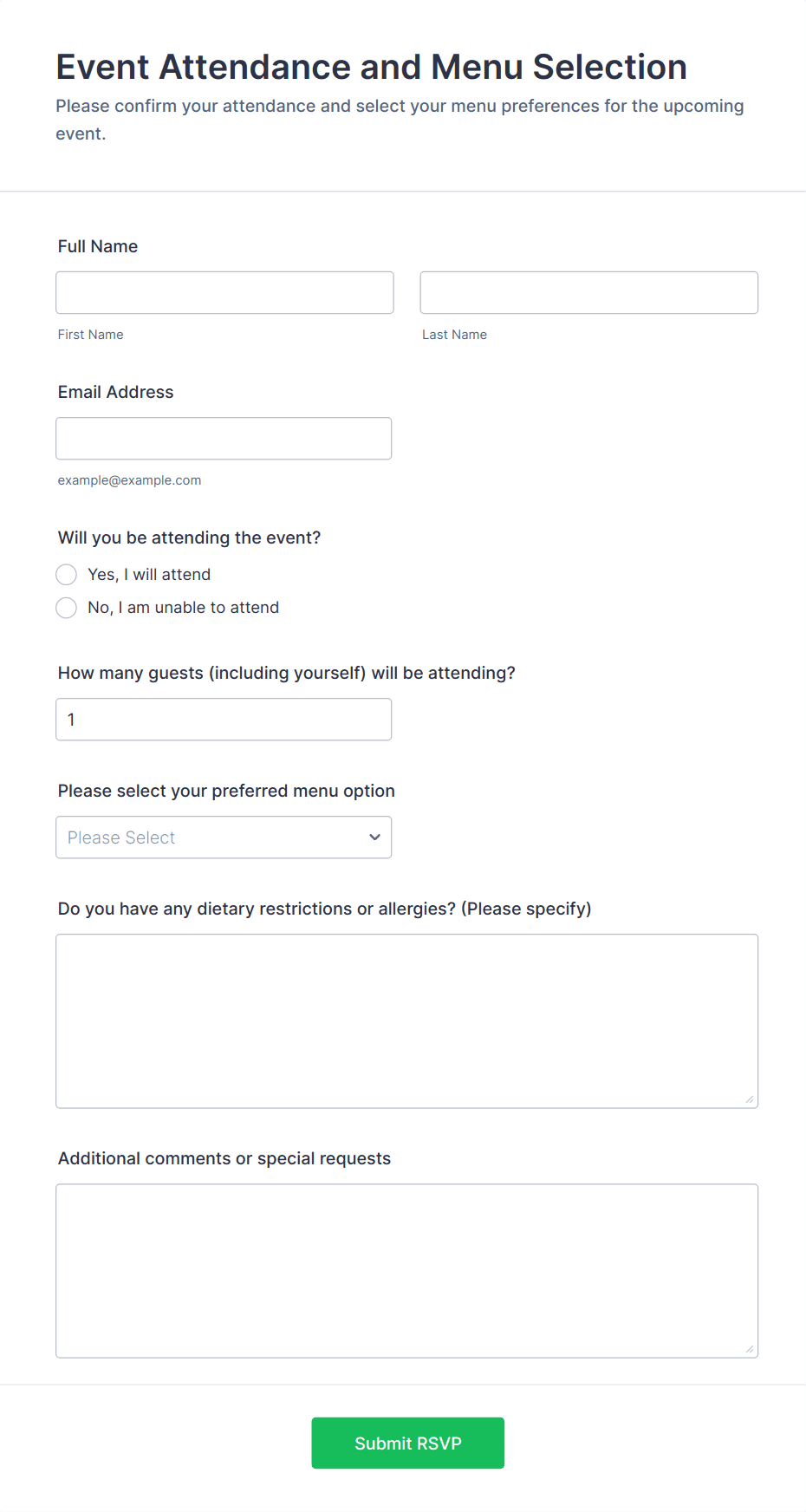 Event Attendance and Menu Selection Form Template | Jotform