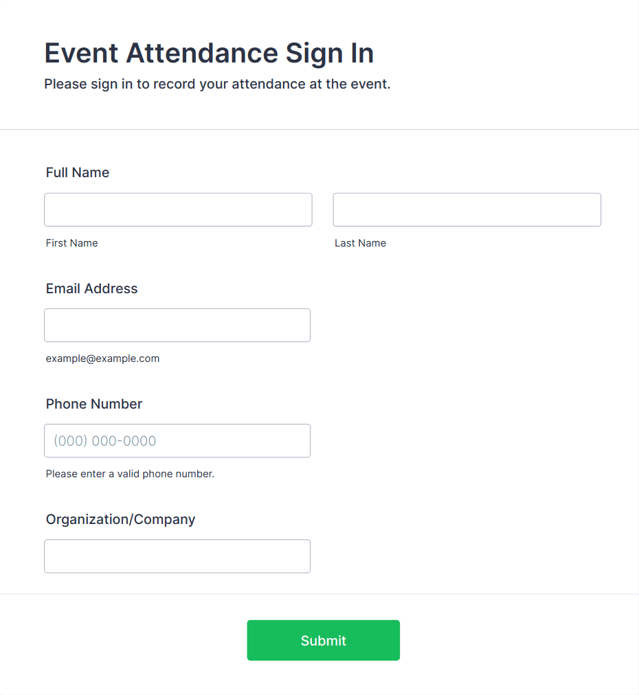 Event Attendance Sign In Form Template | Jotform