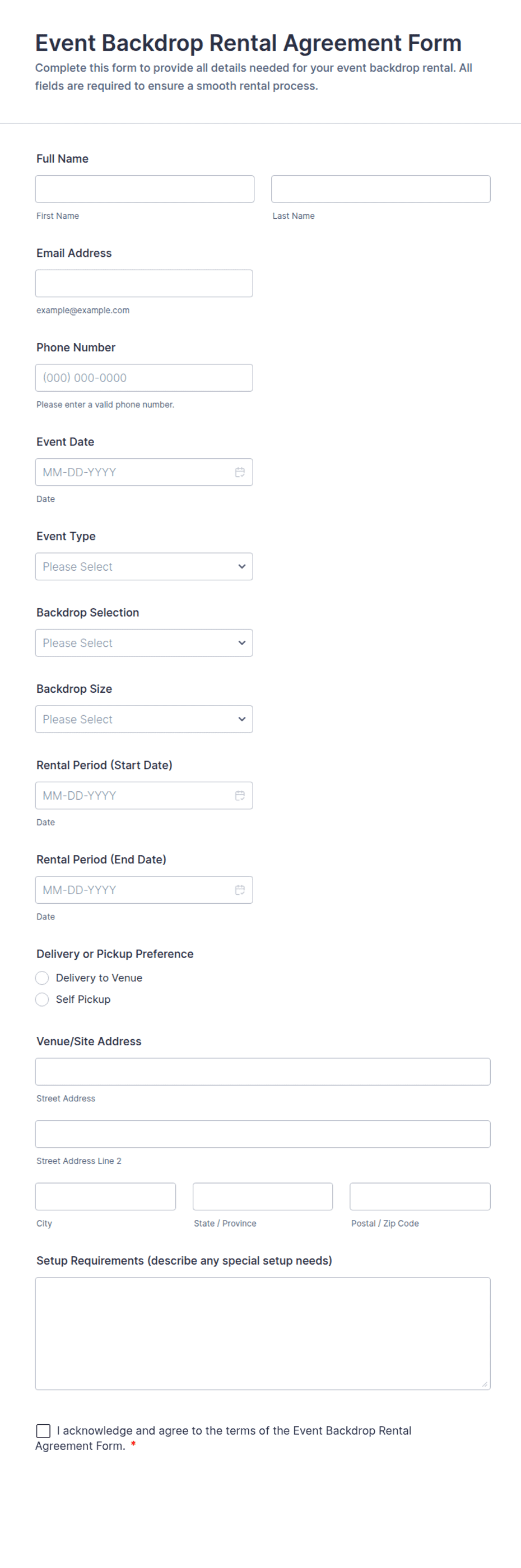 Event Backdrop Rental Agreement Form Template | Jotform