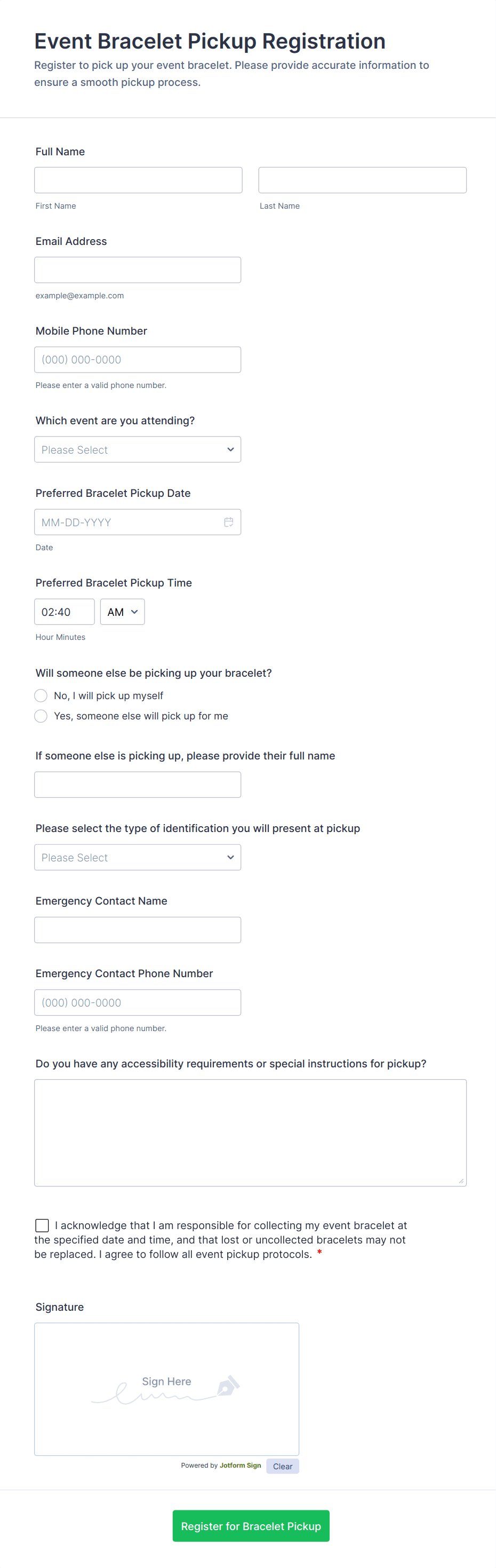 Event Bracelet Pickup Registration Form Template | Jotform
