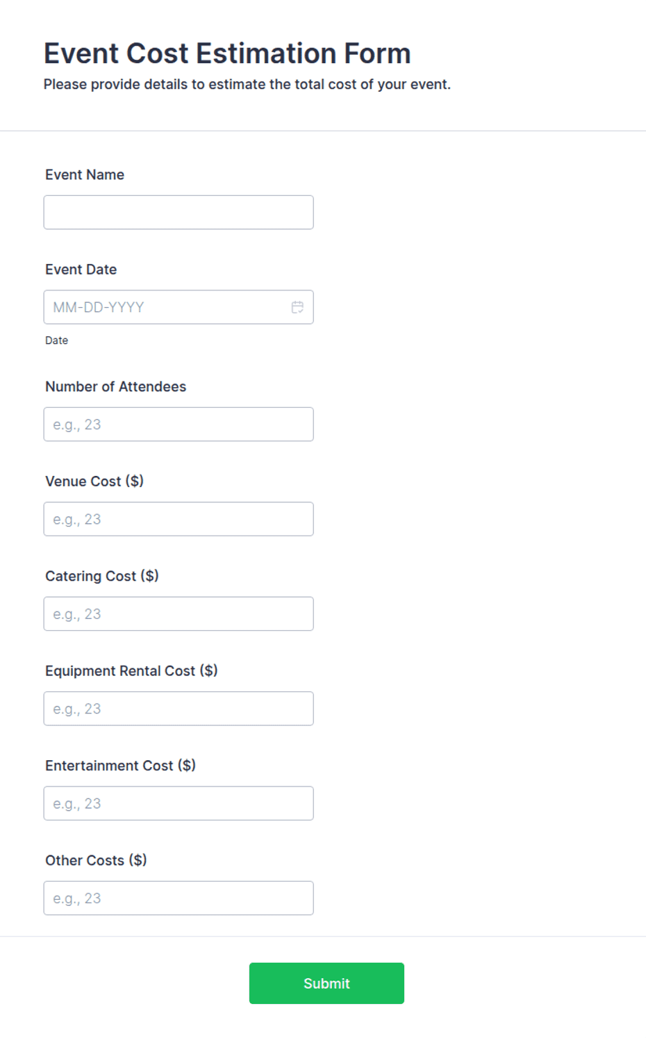 Event Cost Estimation Form Template | Jotform