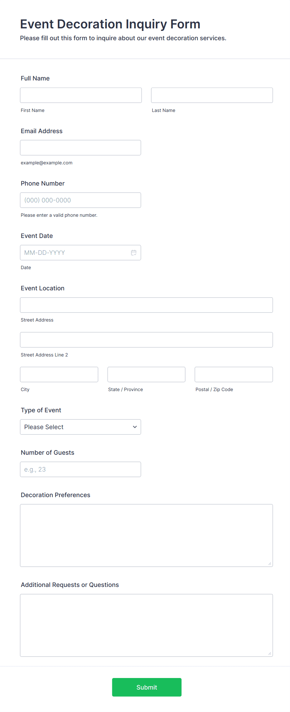 Event Decoration Inquiry Form Template | Jotform