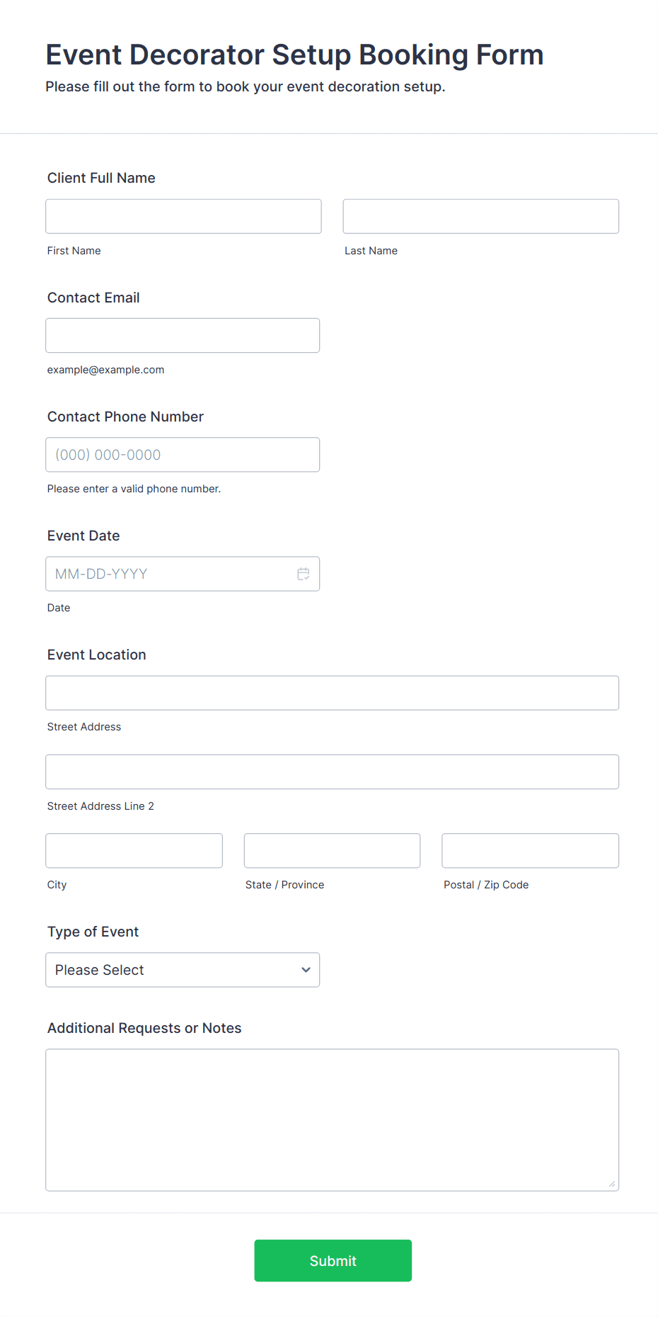 Event Decorator Setup Booking Form Template | Jotform