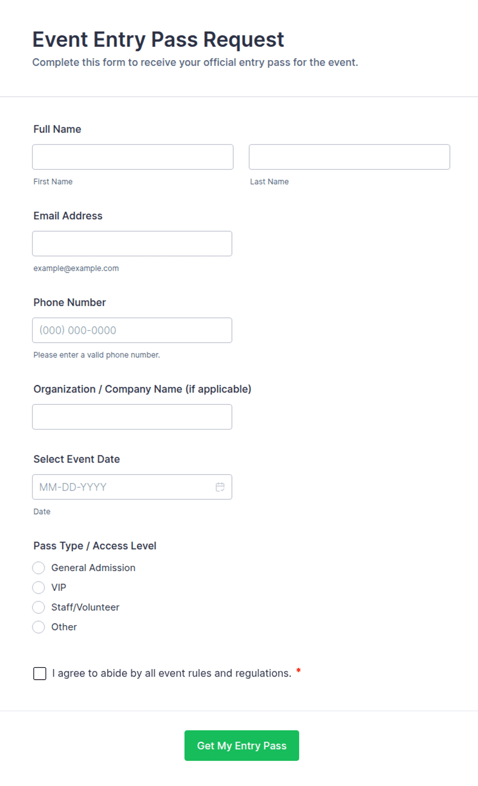 Event Entry Pass Request Form Template | Jotform