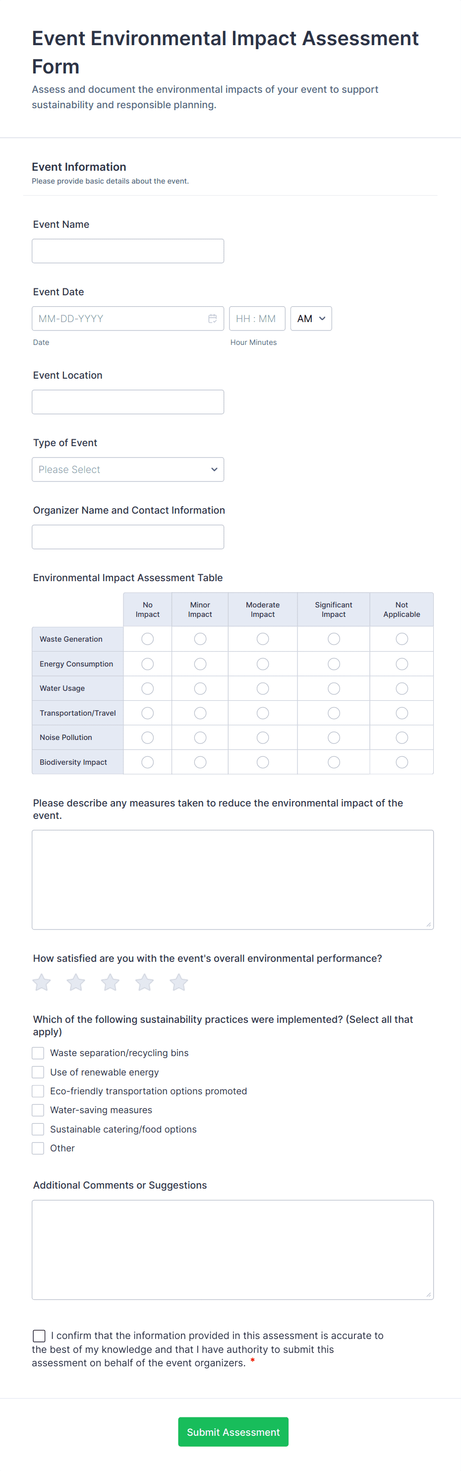 Event Environmental Impact Assessment Form Form Template | Jotform