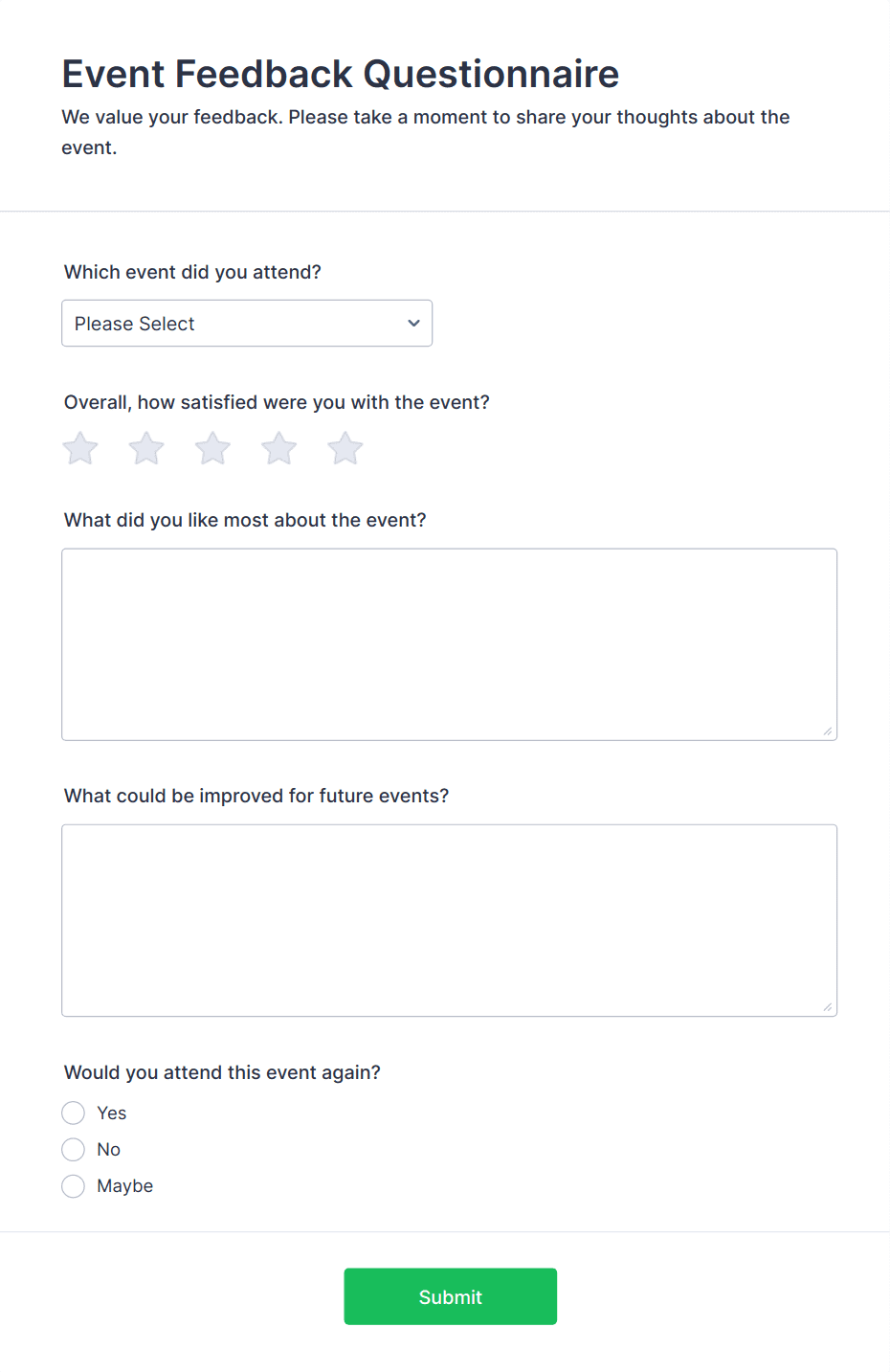 Event Feedback Questionnaire Form Template | Jotform
