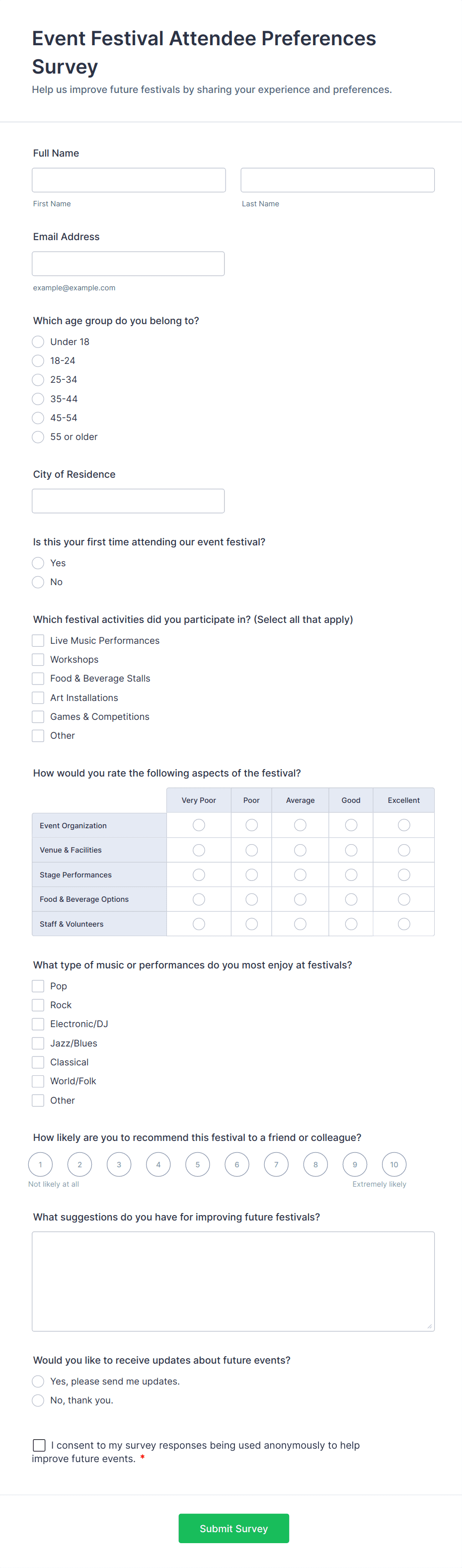 Event Festival Attendee Preferences Survey Form Template | Jotform