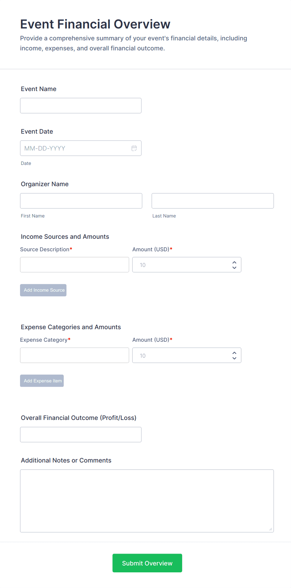 Event Financial Overview Form Template | Jotform
