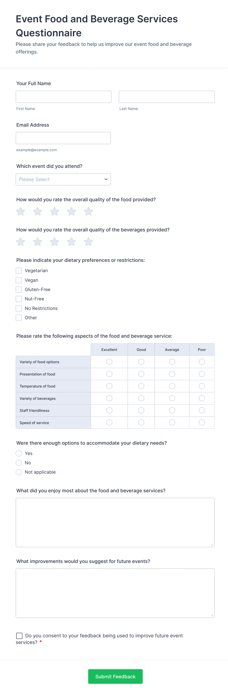 Event Food and Beverage Services Questionnaire Form Template | Jotform