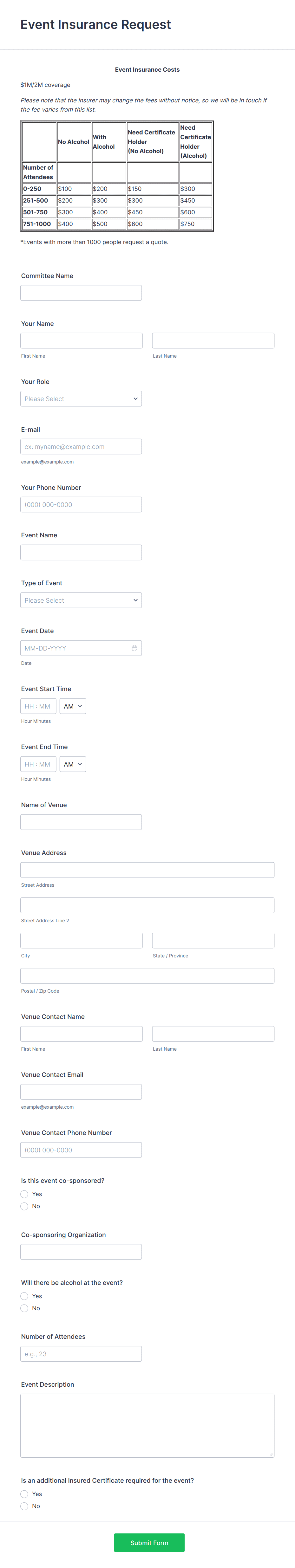 Event Insurance Request Form Template | Jotform