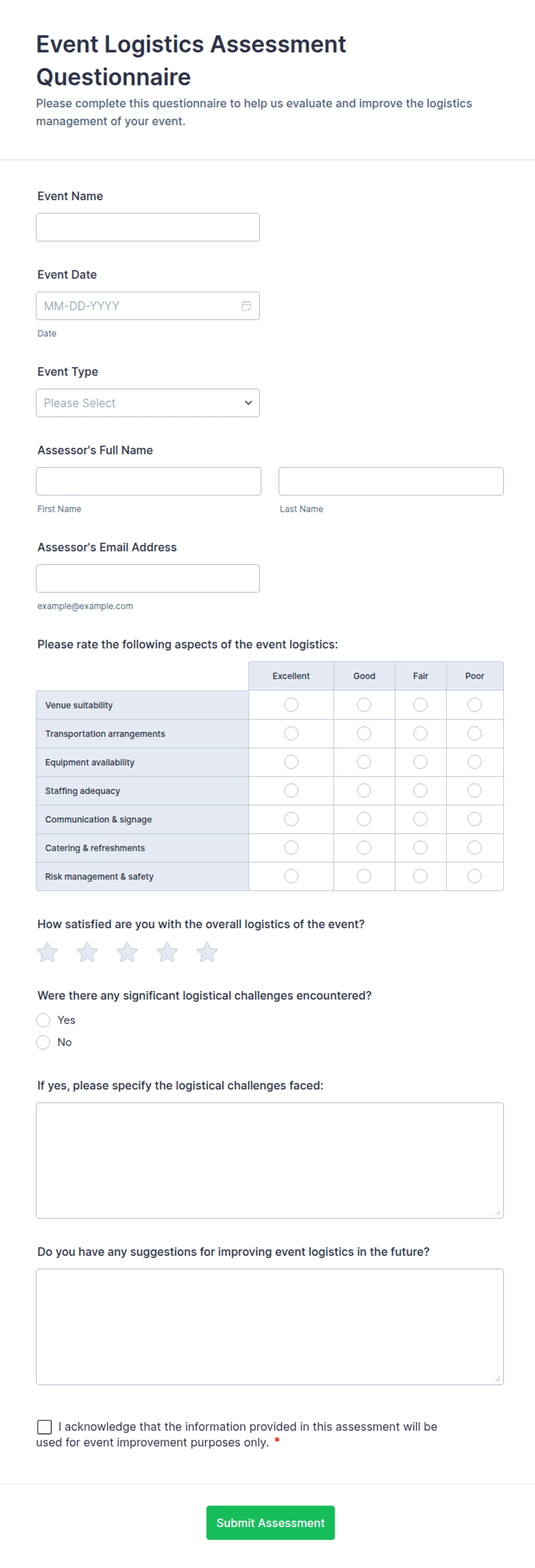 Event Logistics Assessment Questionnaire Form Template | Jotform
