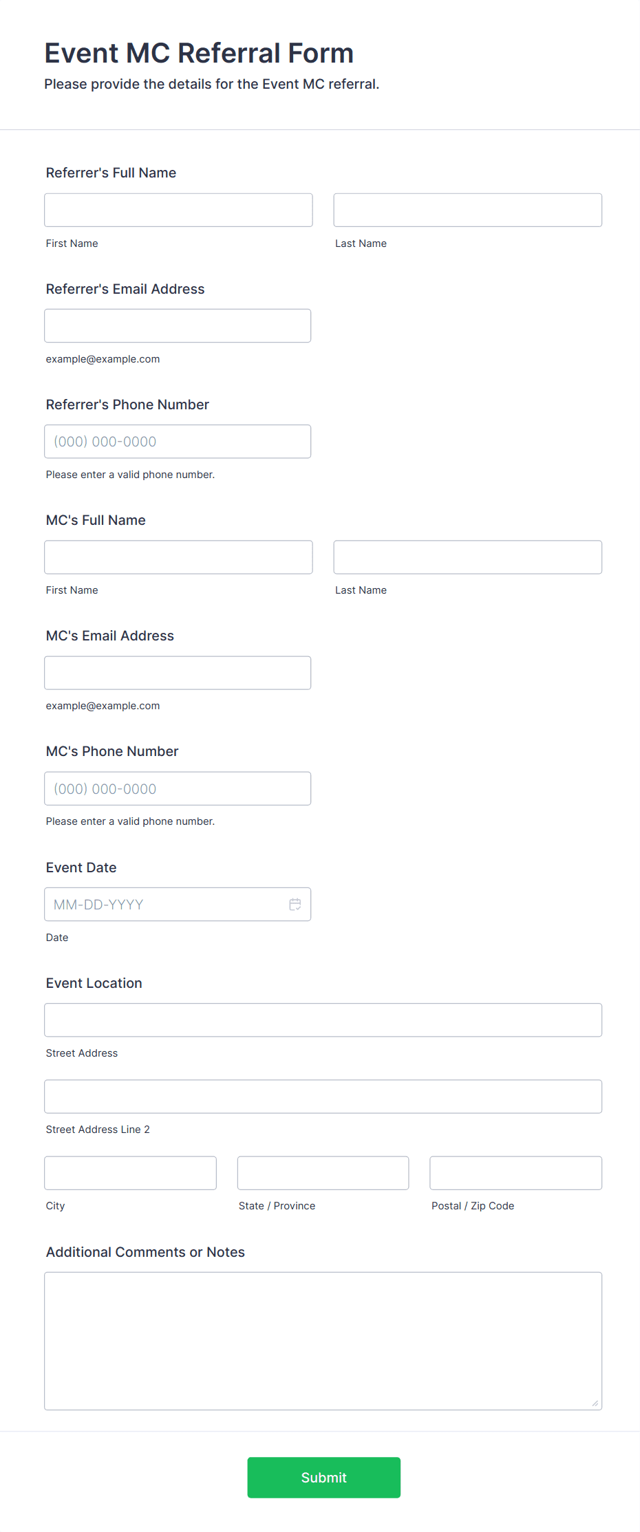 Event MC Referral Form Template | Jotform