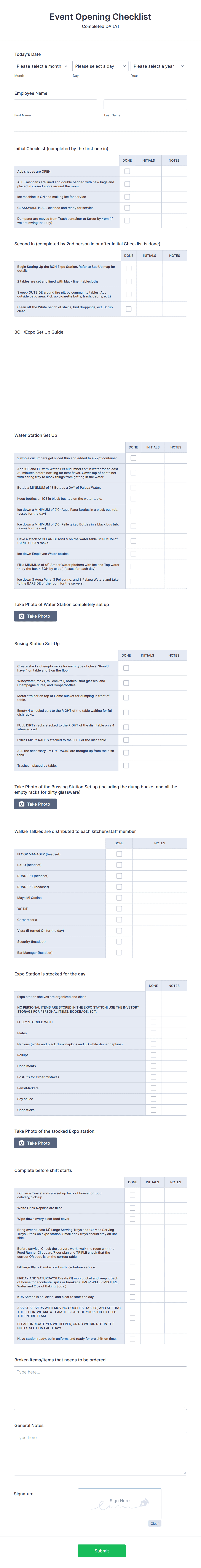 Event Opening Checklist Form Template | Jotform