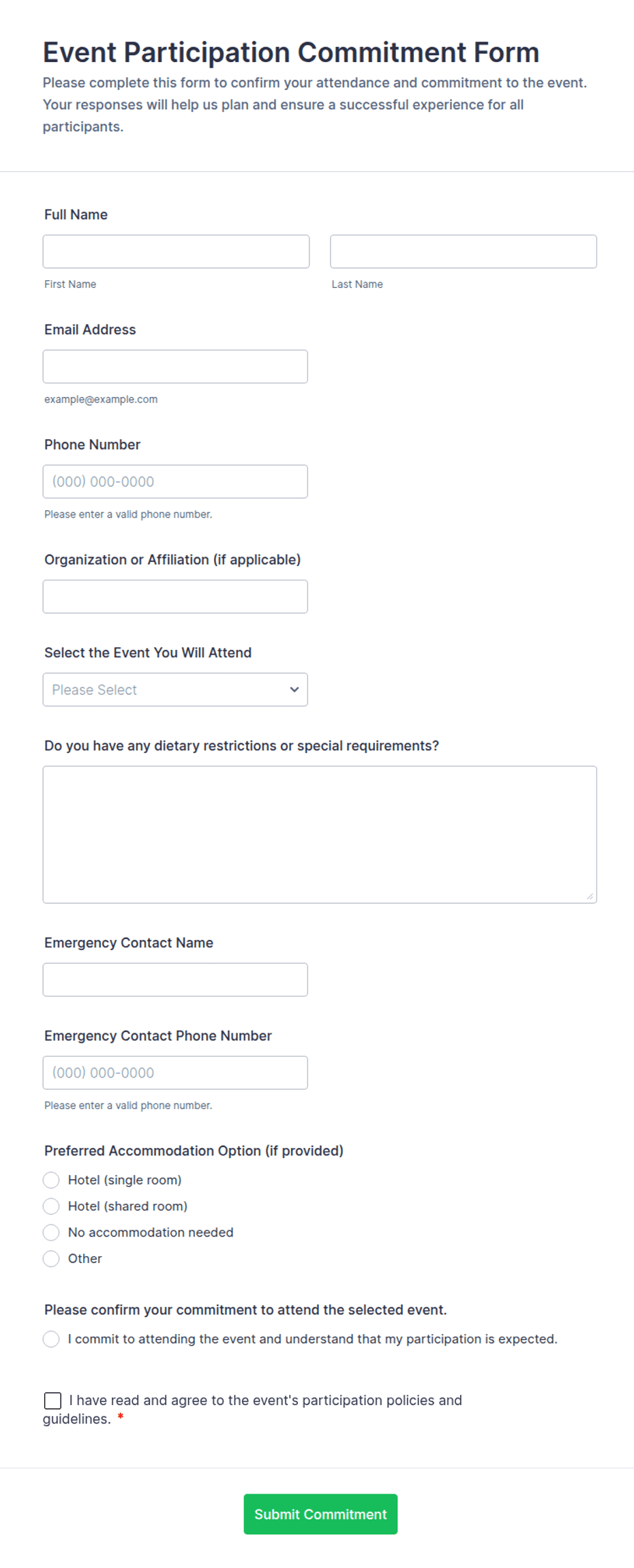 Event Participation Commitment Form Template | Jotform