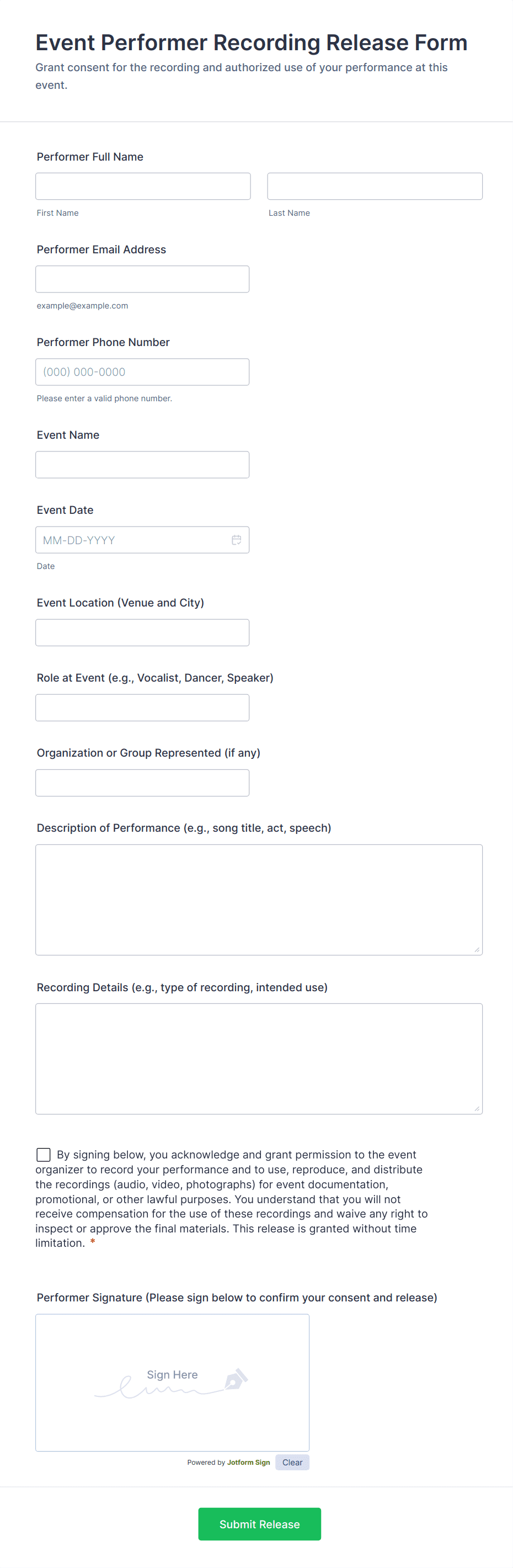 Event Performer Recording Release Form Form Template | Jotform