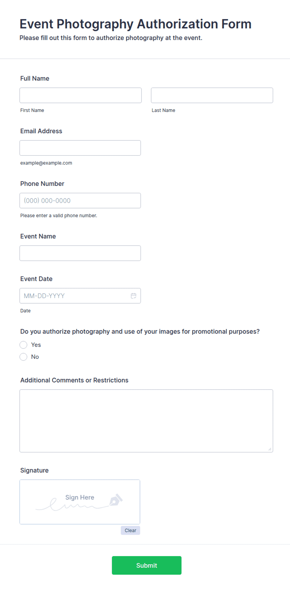Event Photography Authorization Form Template | Jotform