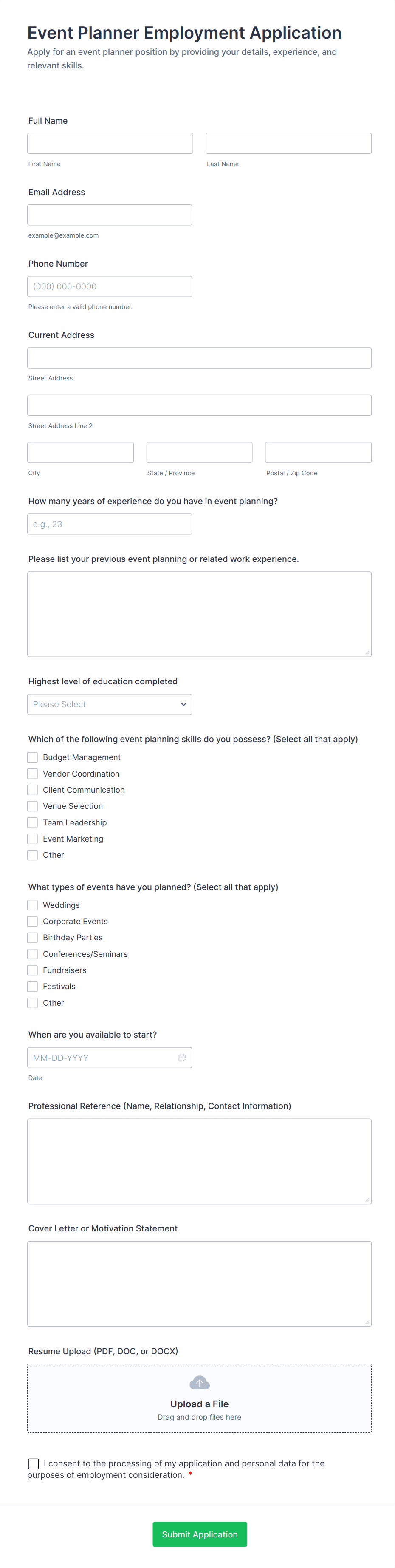 Event Planner Employment Application Form Template | Jotform