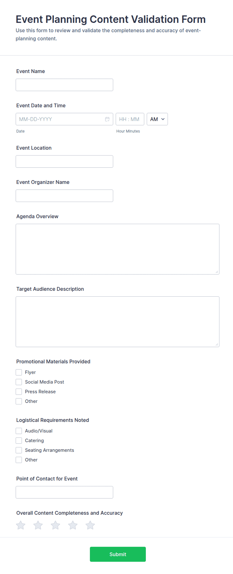Event Planning Content Validation Form Template | Jotform
