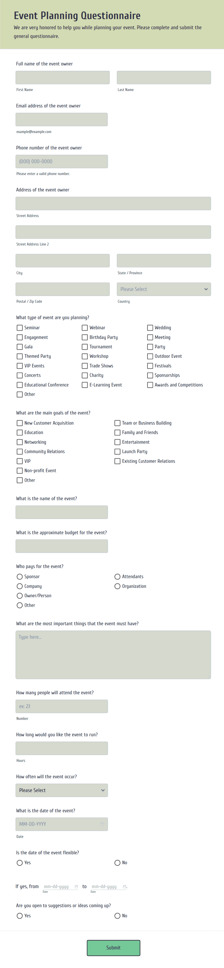 Event Planning Questionnaire Form Template | Jotform