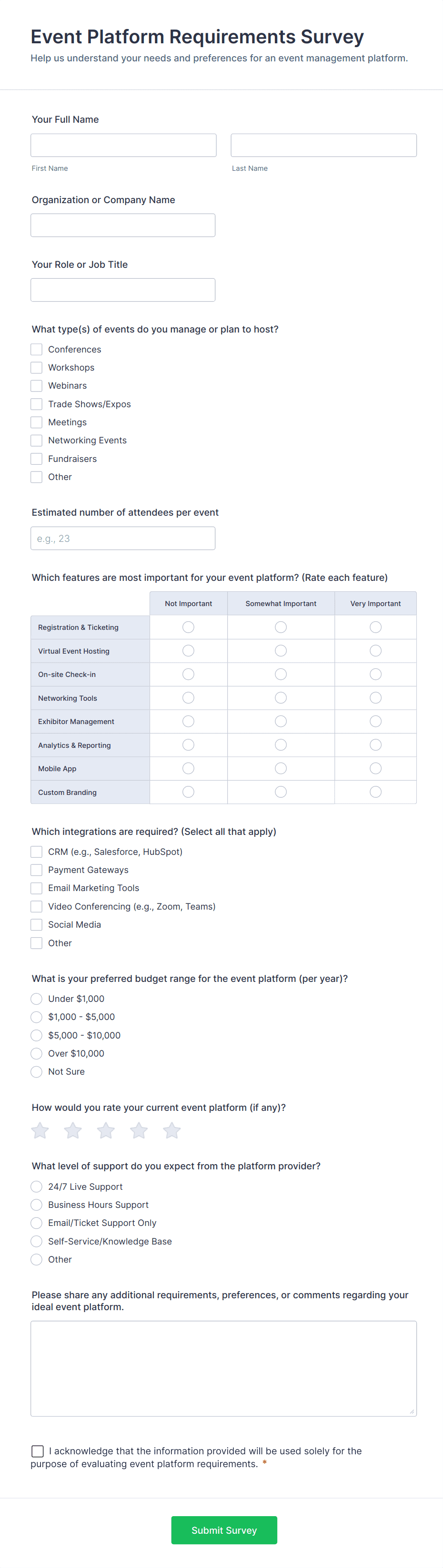 Event Platform Requirements Survey Form Template | Jotform