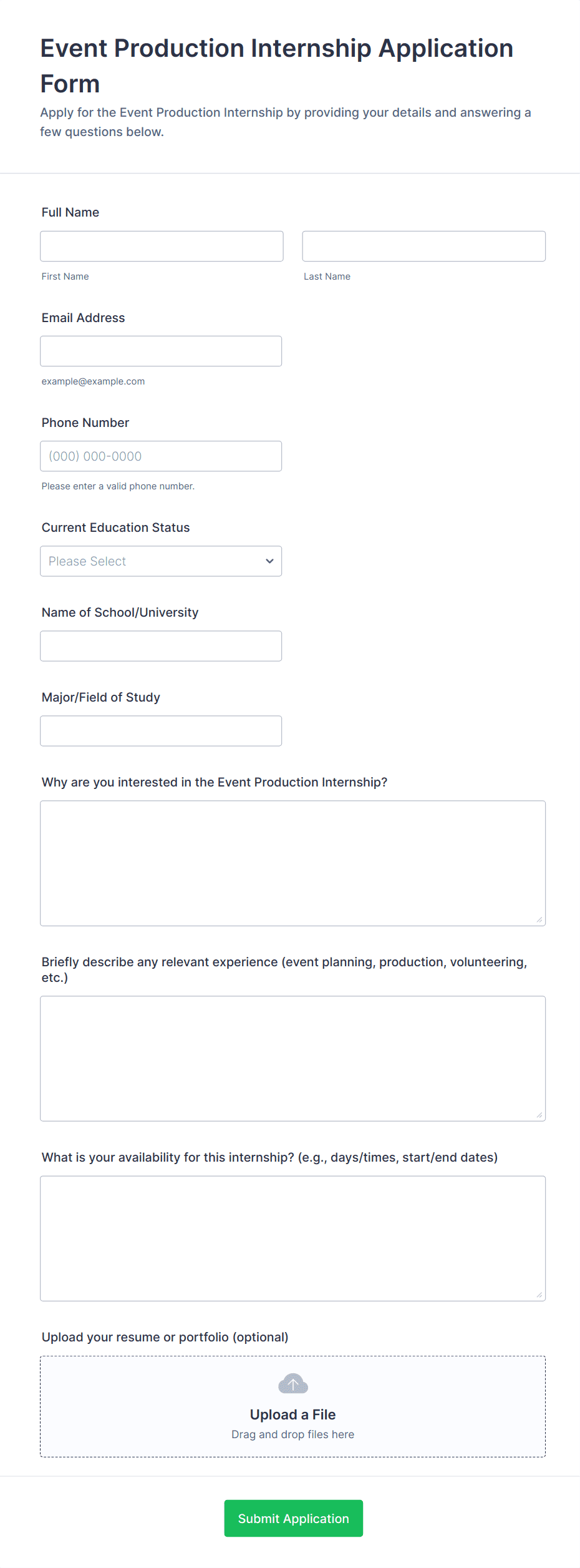 Event Production Internship Application Form Template | Jotform