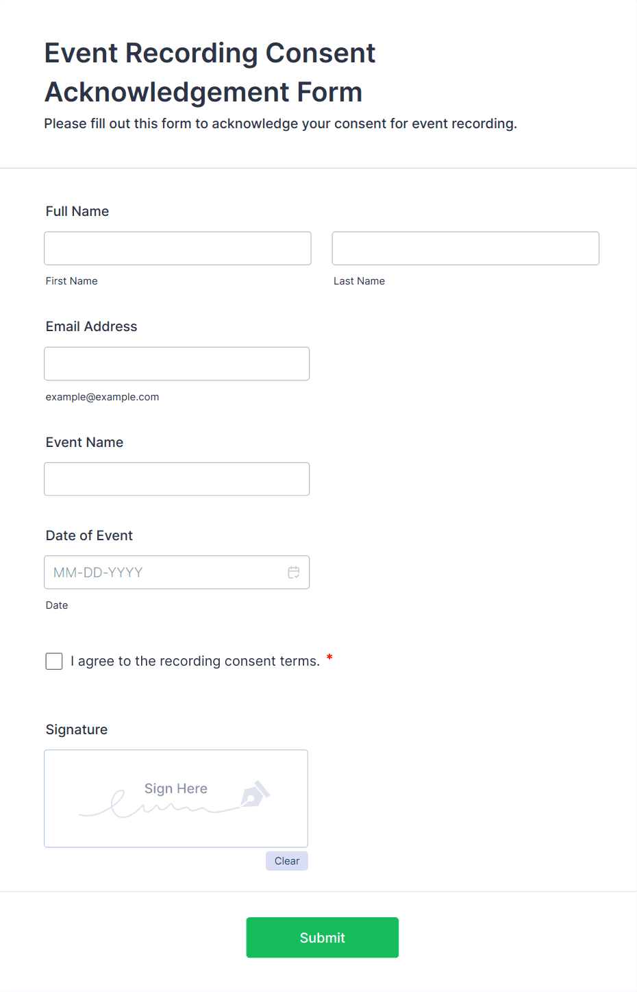 Event Recording Consent Acknowledgement Form Template | Jotform