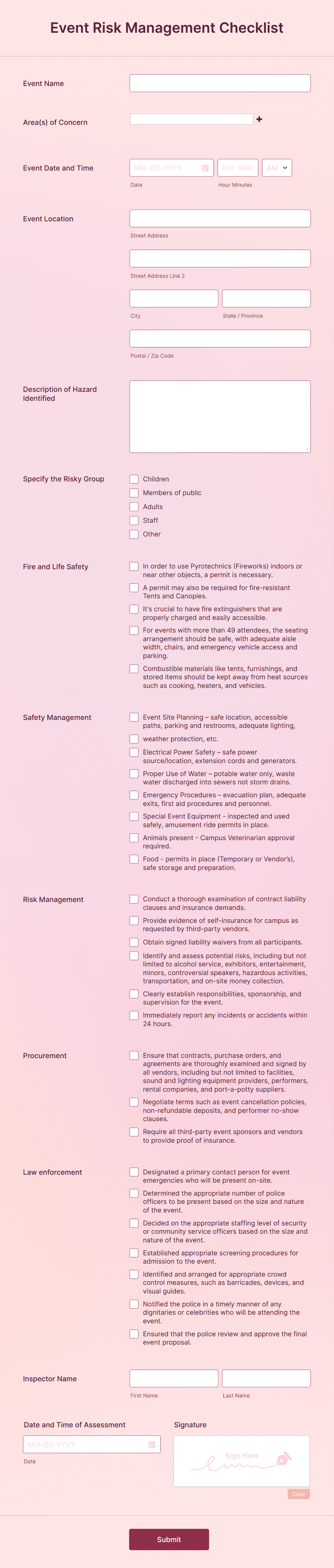 Event Risk Management Checklist Form Template | Jotform