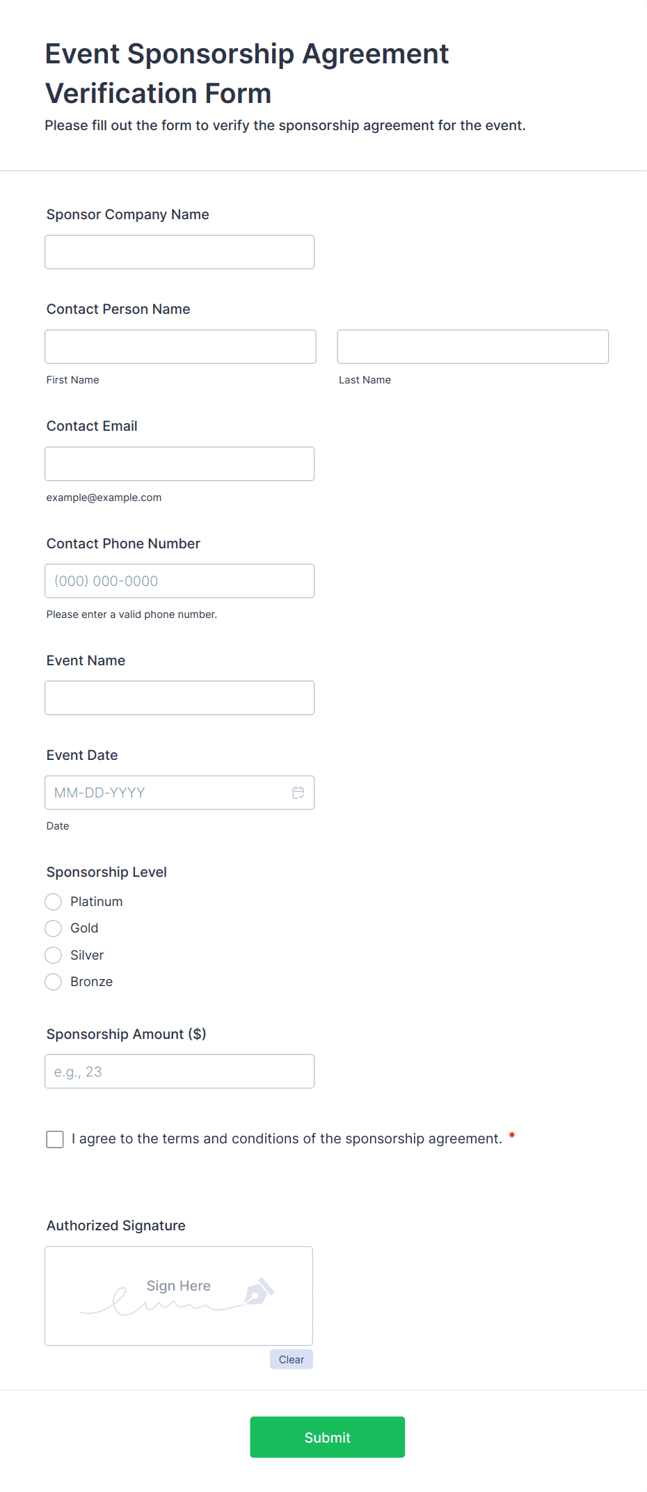 Event Sponsorship Agreement Verification Form Template | Jotform