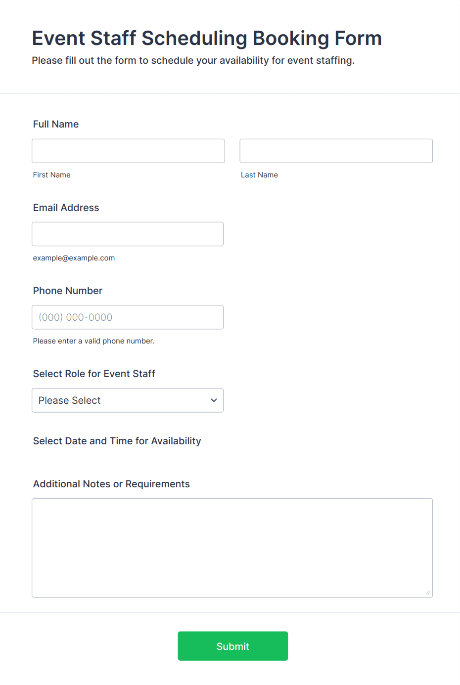 Event Staff Scheduling Booking Form Template | Jotform