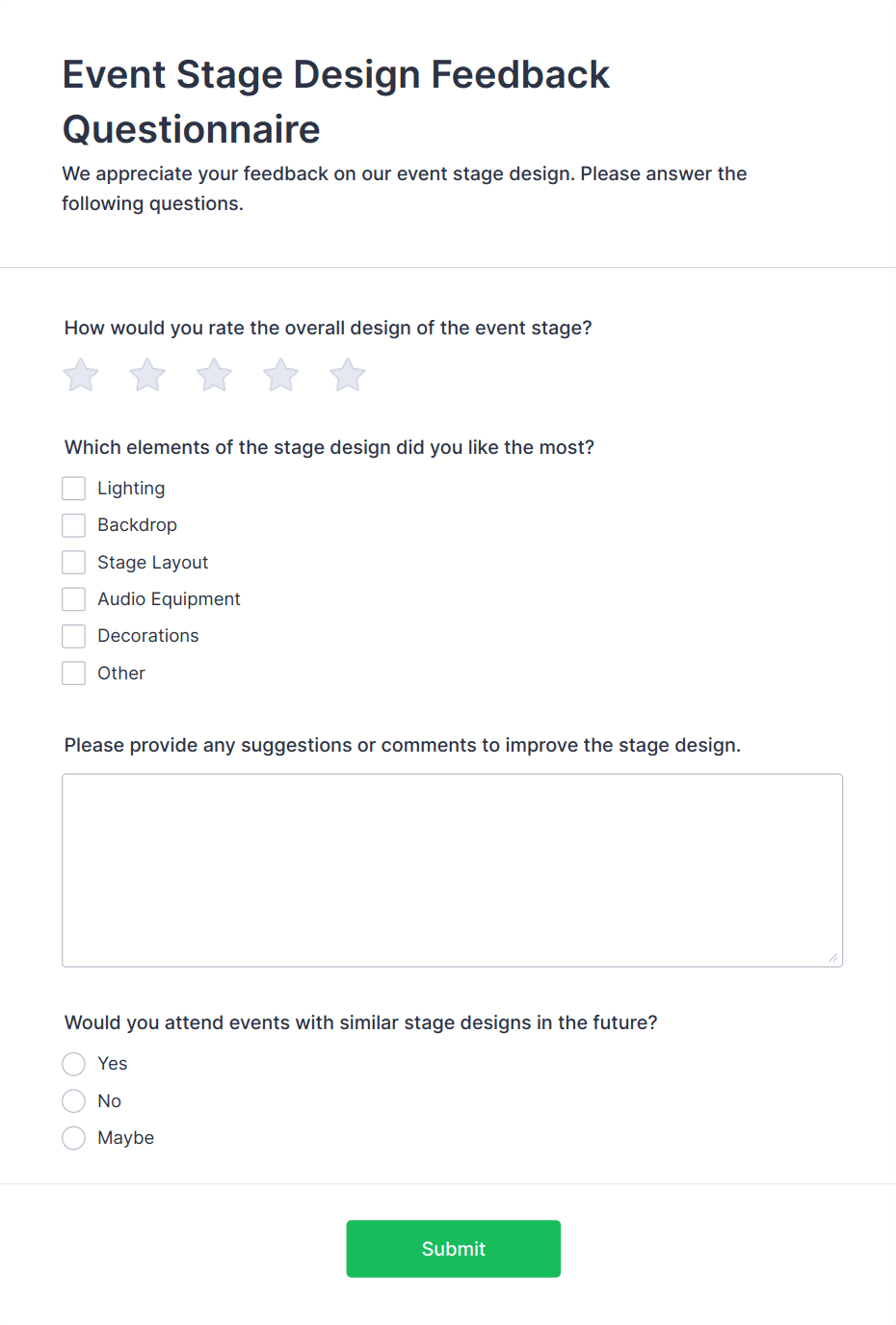 Event Stage Design Feedback Questionnaire Form Template | Jotform