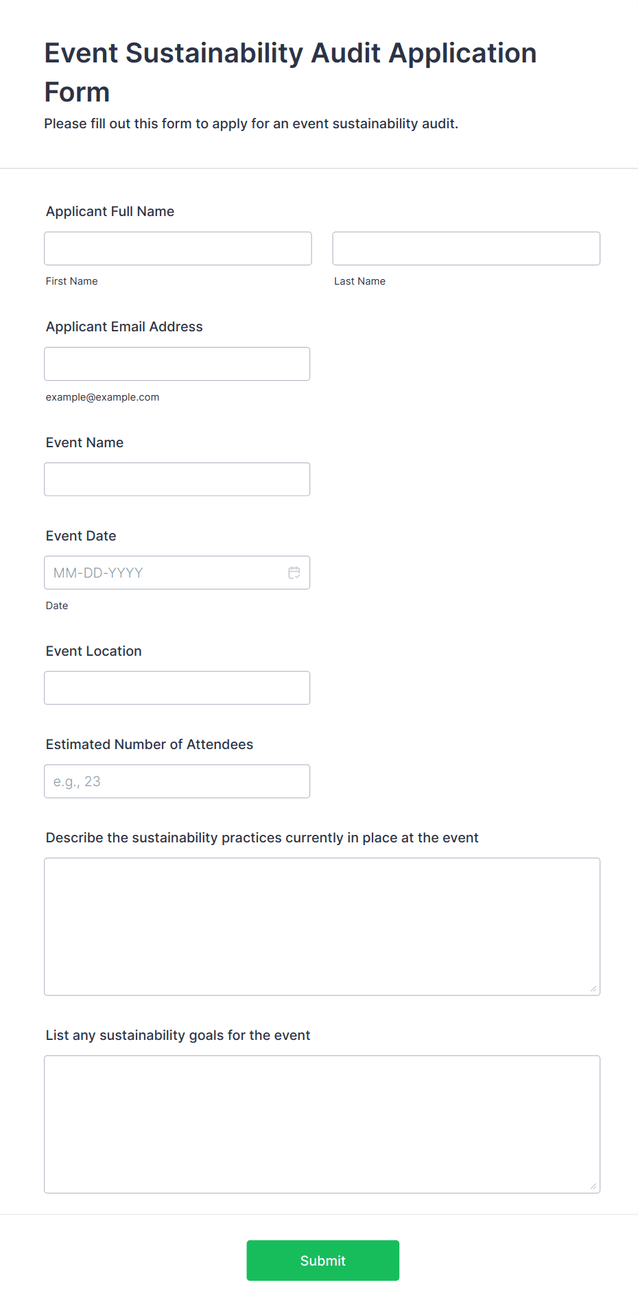 Event Sustainability Audit Application Form Template | Jotform