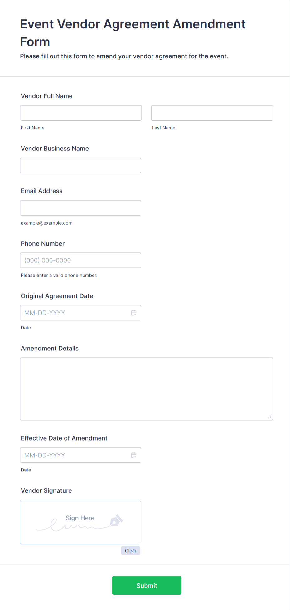 Event Vendor Agreement Amendment Form Template | Jotform