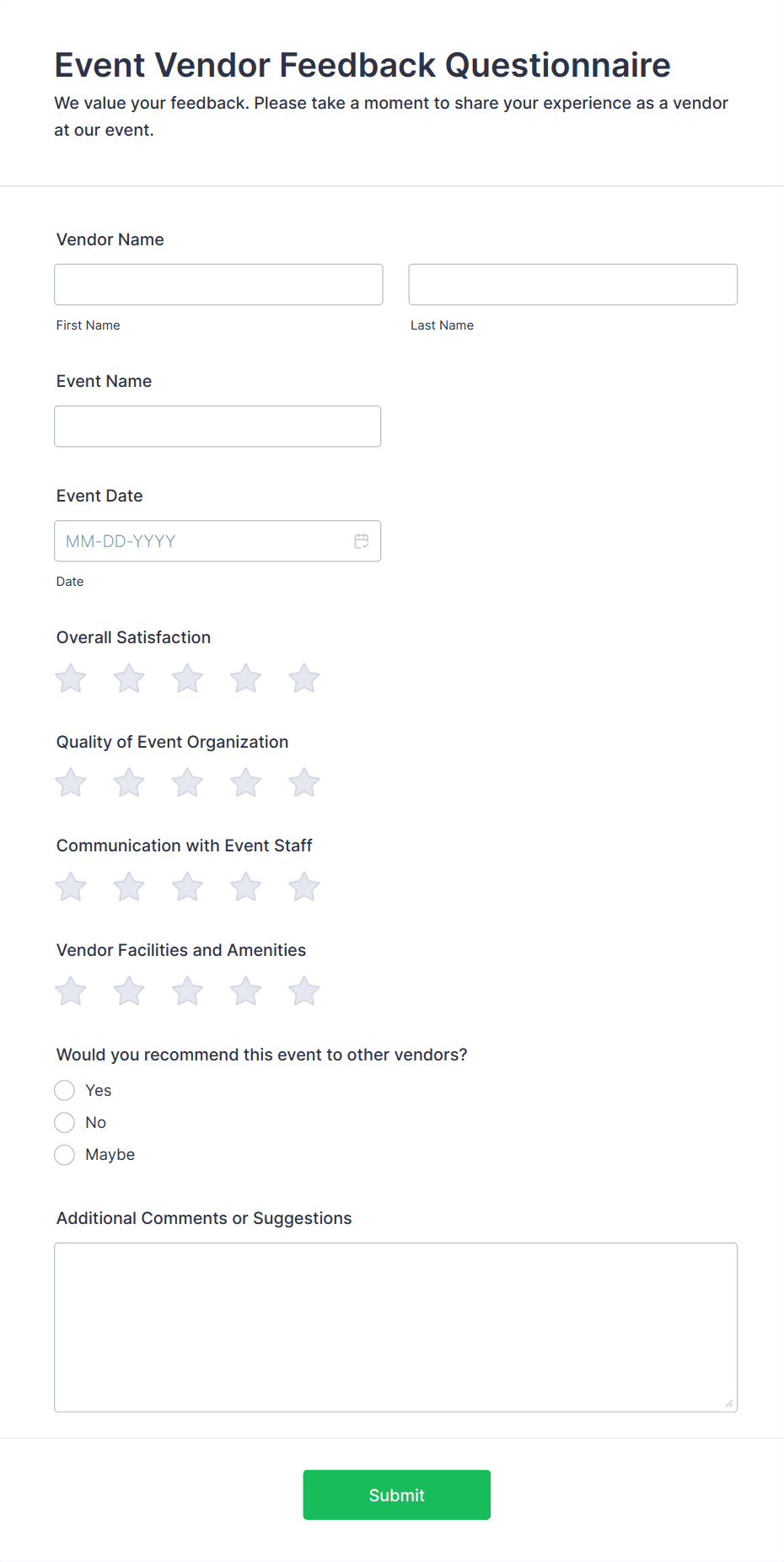 Event Vendor Feedback Questionnaire Form Template | Jotform
