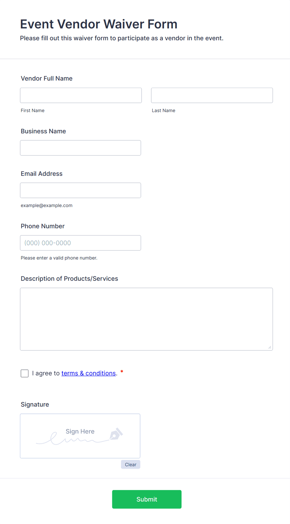 Event Vendor Waiver Form Template | Jotform