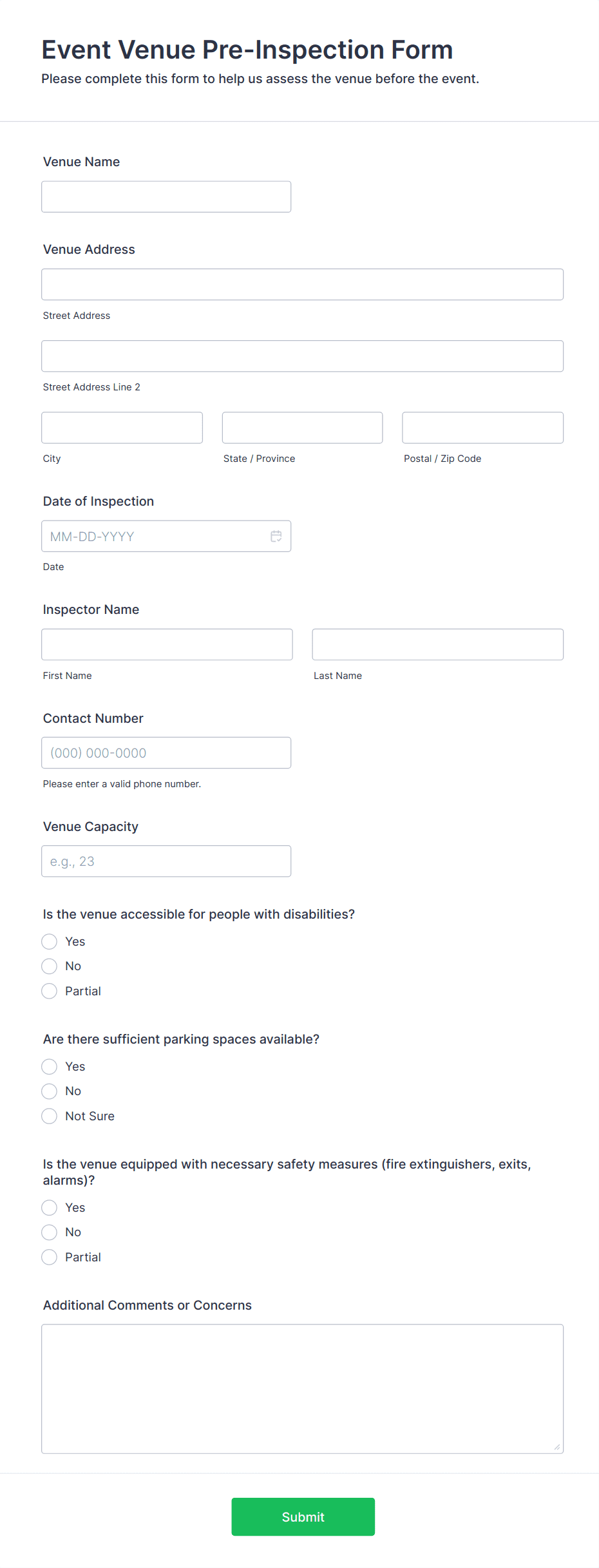 Event Venue Pre-Inspection Form Template | Jotform