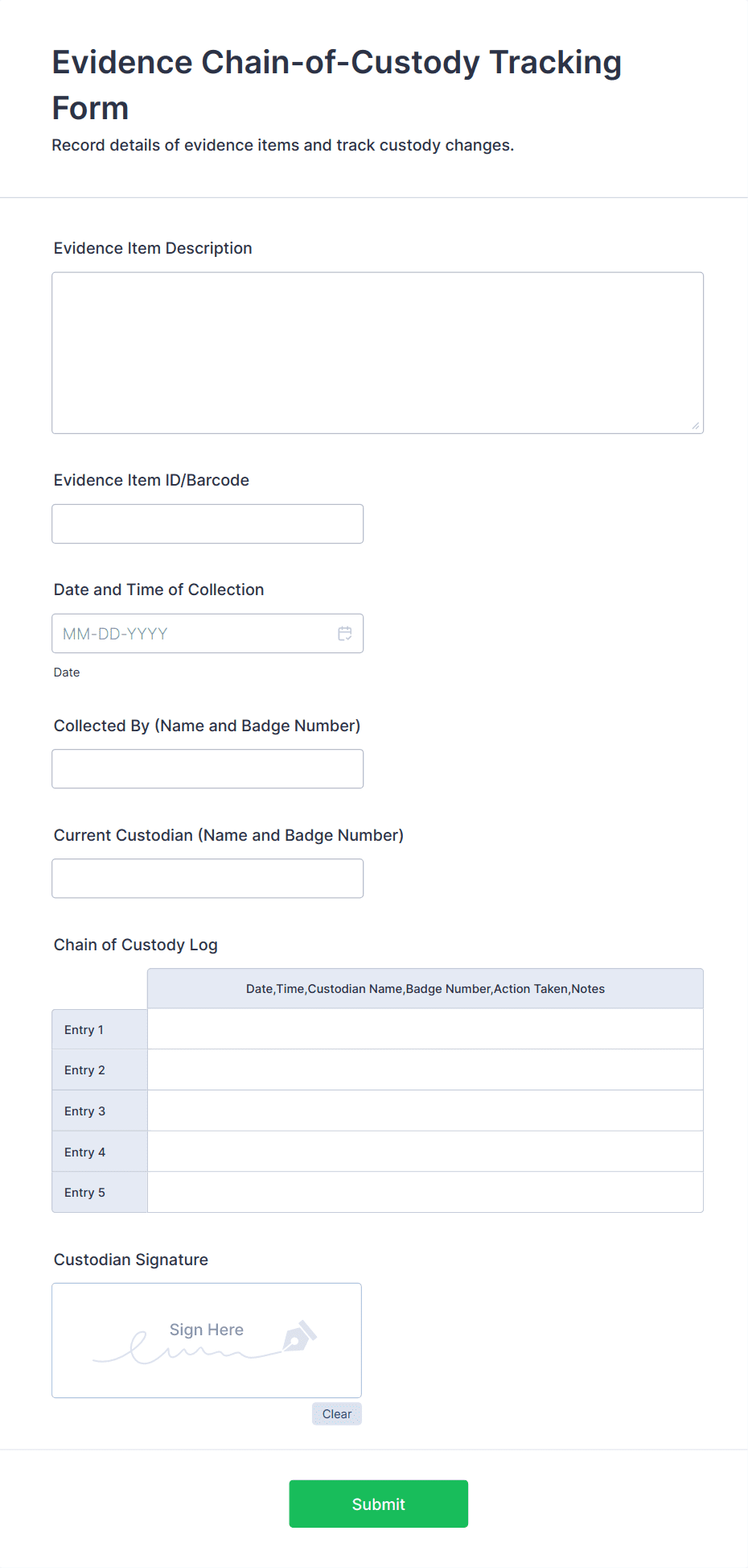 Evidence Chain-of-Custody Tracking Form Template | Jotform