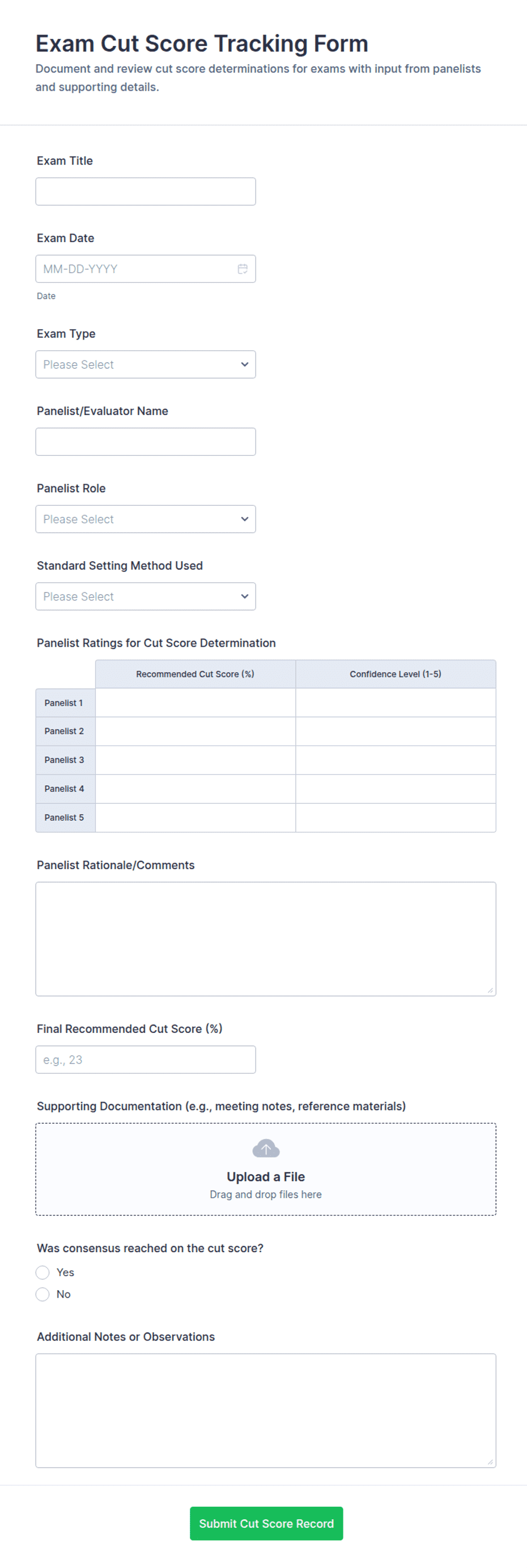 Exam Cut Score Tracking Form Template | Jotform